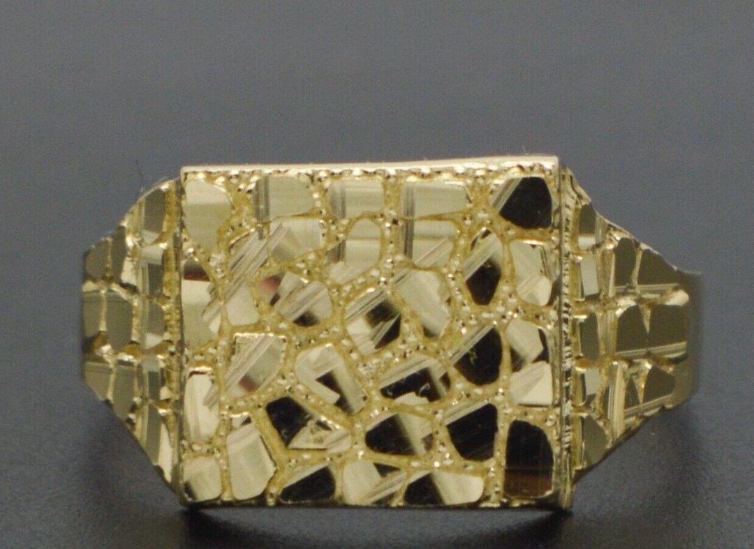 10K Real Yellow Solid Gold Diamond Cut Mens Nugget Ring 11.7mm All ...