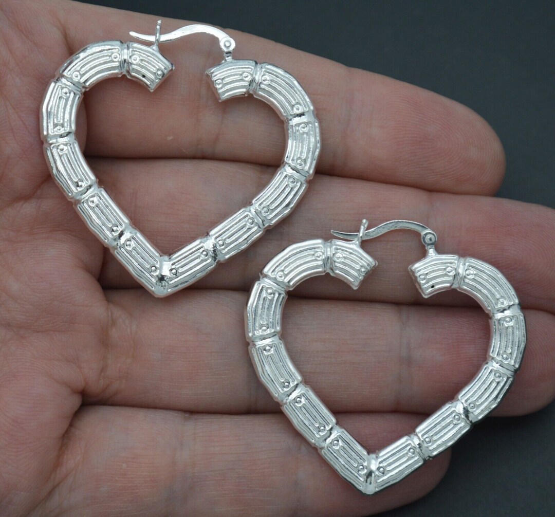 925 Sterling Silver Bamboo Joint Heart Shape Hoop Earrings 6.7gr 41mm ...
