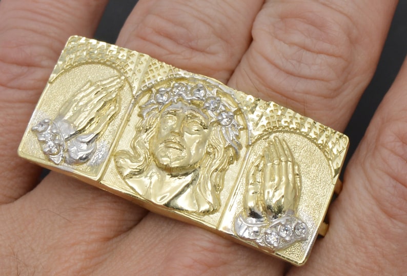Real 10k Yellow Solid Gold Jesus Two Finger Ring All Sizes 13.1 Gr 47.2 ...