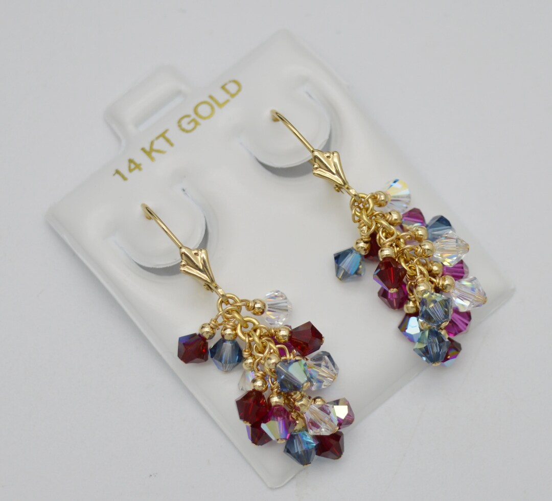 Real 14k Solid Gold Leverback Made/w Multicolor Swarovski Crystal Grape ...