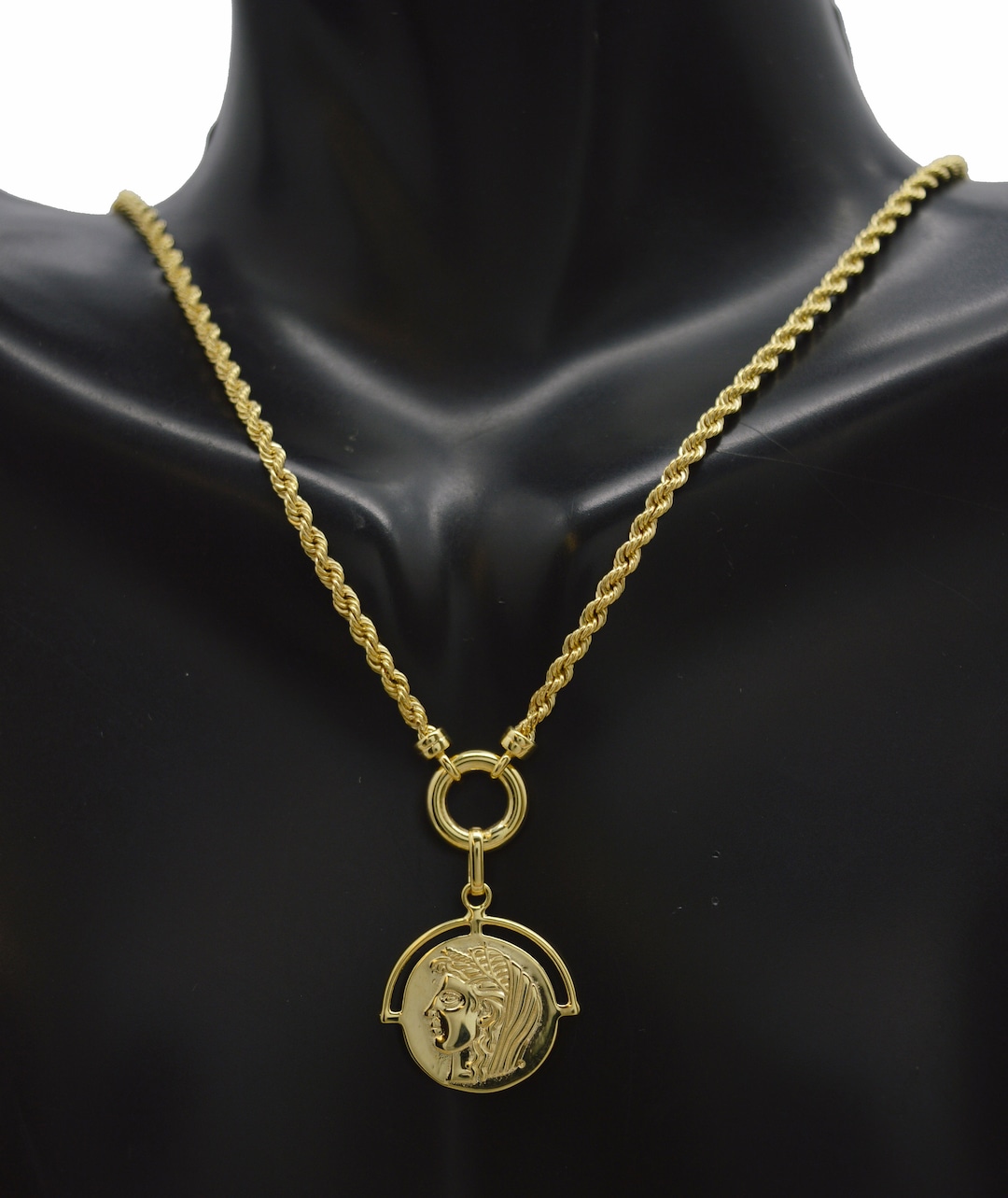 Real 14K Yellow Gold 18" Cleopatra Coin Charm Rope Chain Necklace 4.3 ...