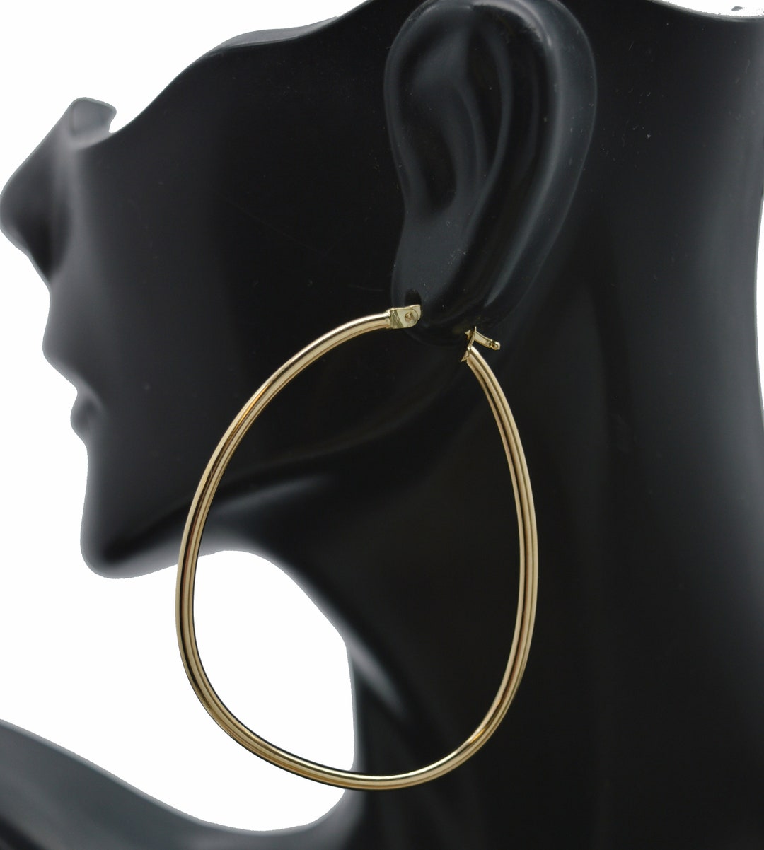 Real 14K Solid Yellow Gold Large Shiny Oval Shaped Hoop Earrings ...