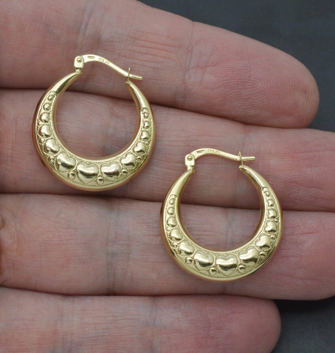 14K Real Yellow Solid Gold Latch Back Love Hearts Hoop Earrings 24.2mm ...