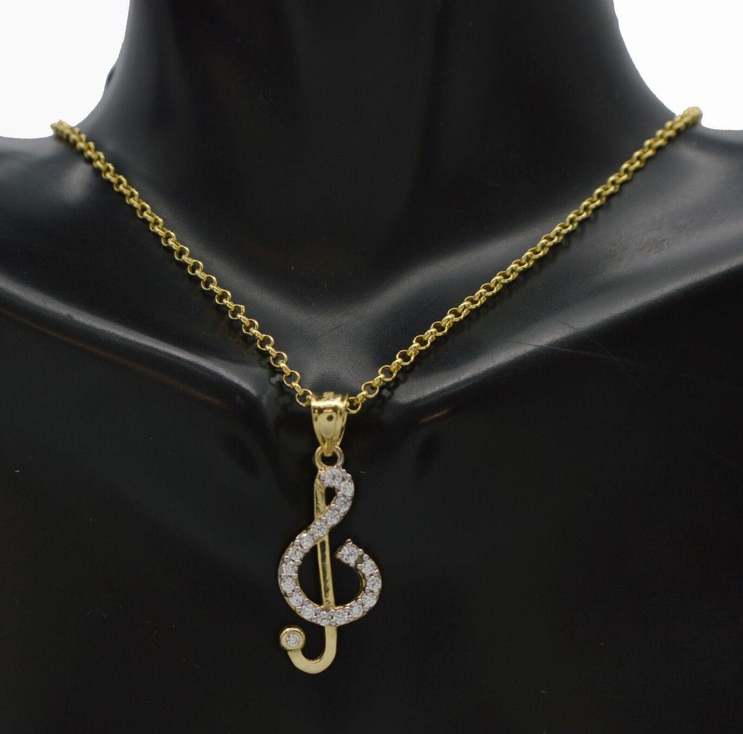 10k Yellow Solid Gold Shiny Treble Clef Music Pendant Necklace 27.4mm 1 ...