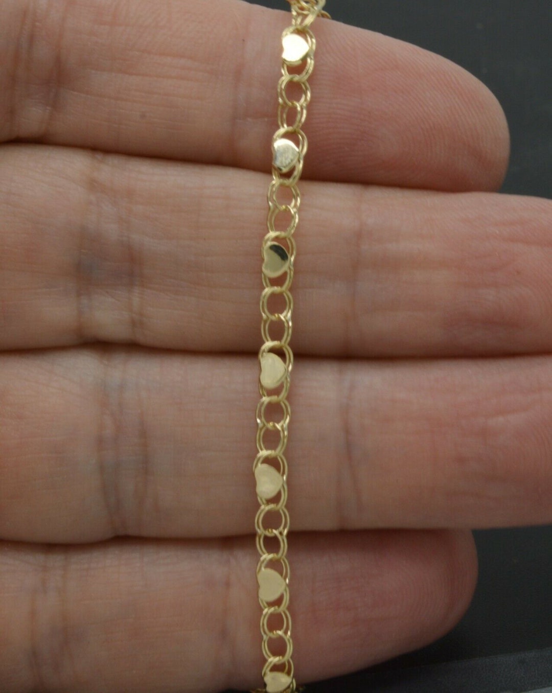 10k Yellow Solid Gold Mirrored Heart Link Chain Charm Bracelet 9 ... 10k Yellow Solid Gold Mirrored Heart Link Chain Charm Bracelet 9 ...