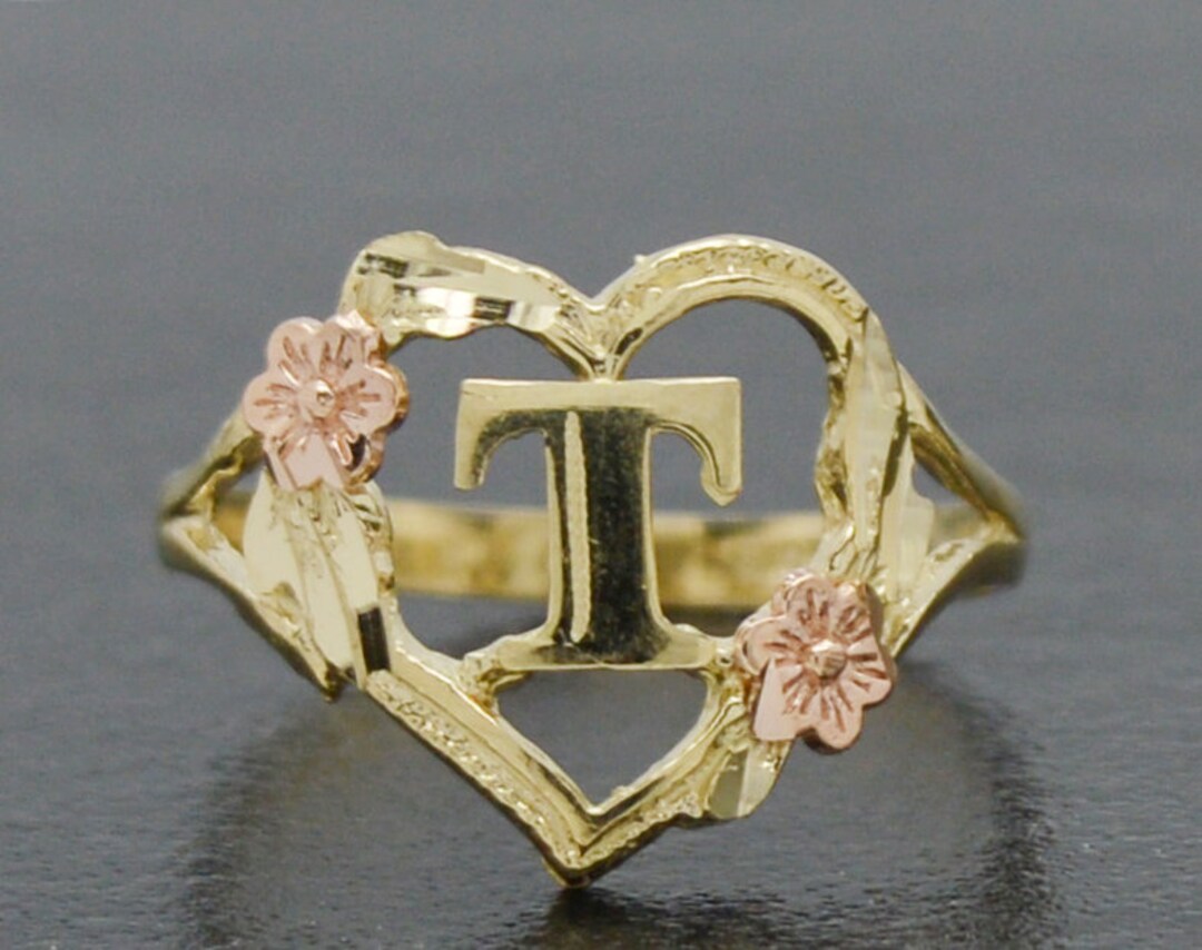 Real 10K Solid Yellow Gold Heart Initial Letter Women Ring A-Z Sizes 4 ...