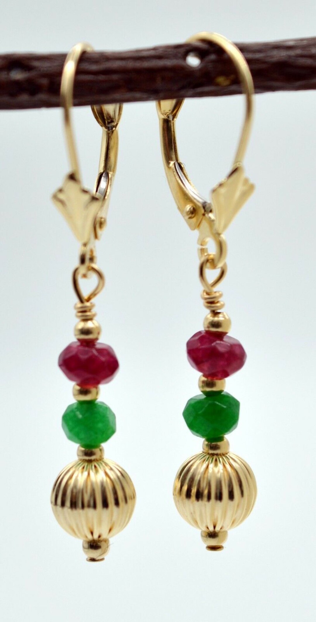 14K Solid Gold Corrugated Ball Beaded Ruby & Green Emerald Drop ...