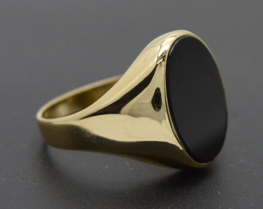 Real Solid 14K Yellow Gold 17mm Oval Close Black Onyx Signet Ring 6gr ...