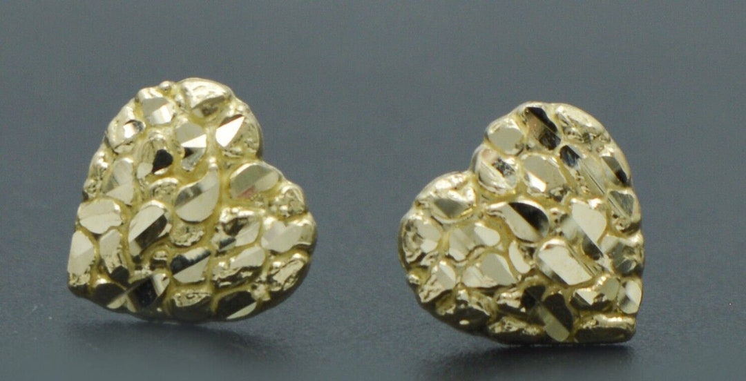 Real 10k Yellow Solid Gold Shiny Heart Nugget Stud Earrings Womens 9 ...