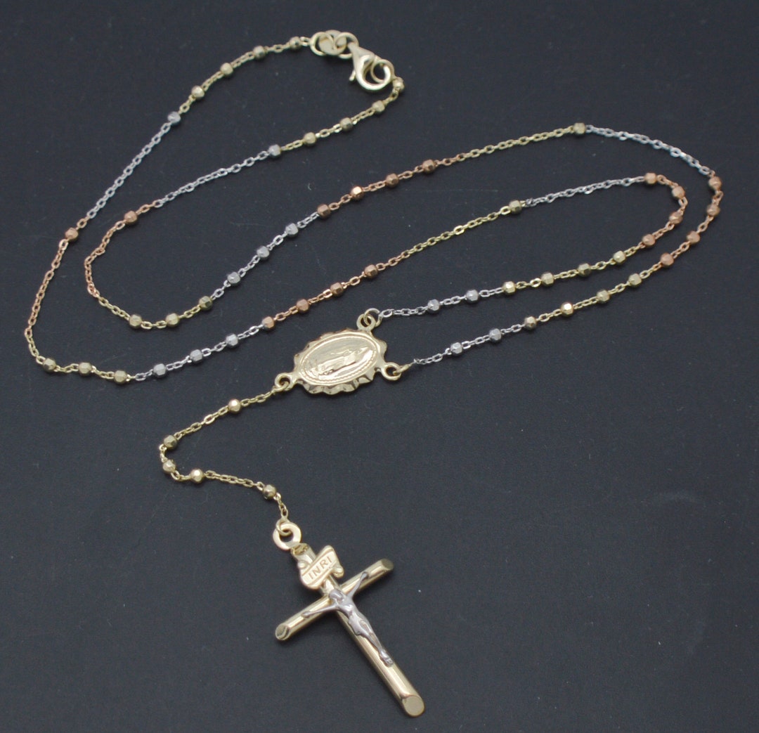 Real 10K Tricolor Gold Rosary Mary Guadalupe Jesus Cross Necklace 3.7gr ...