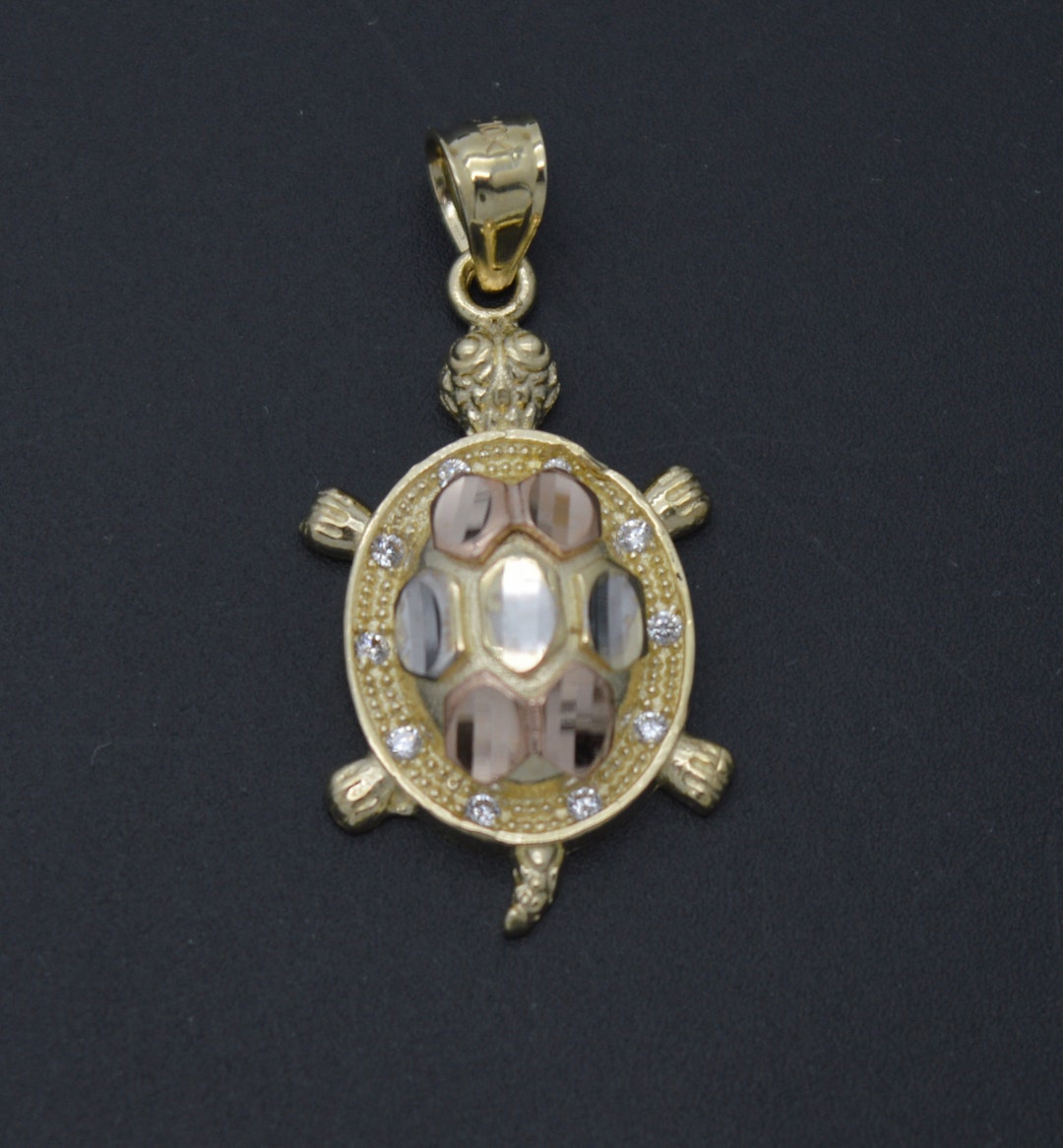 Real 10K Solid Tri-color Gold Shiny Turtle CZ Stones Charm Pendant 2.9 ...