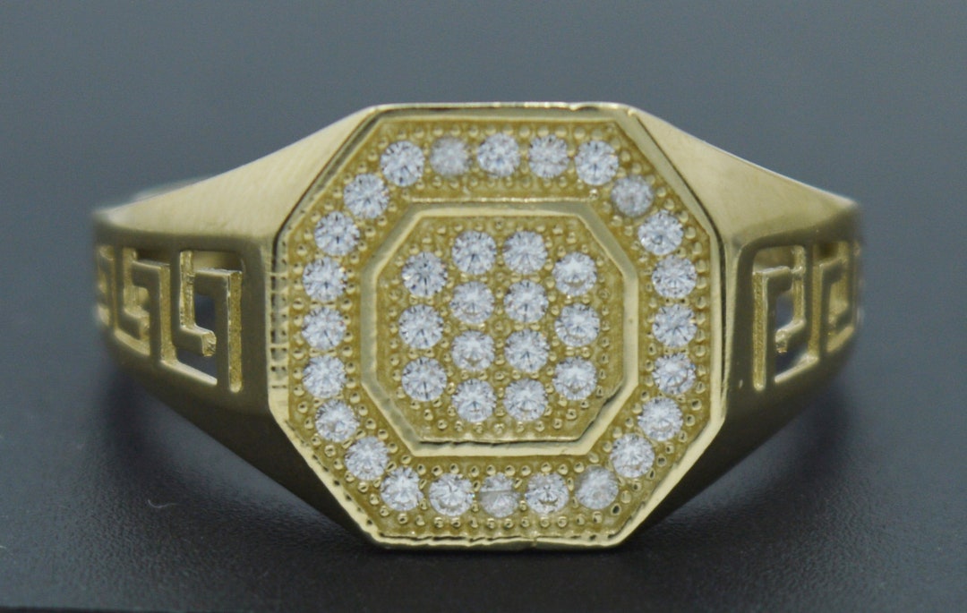 Real 10K Solid Yellow Gold Octagon Greek Style CZ Men's Ring 3.1gr All ...