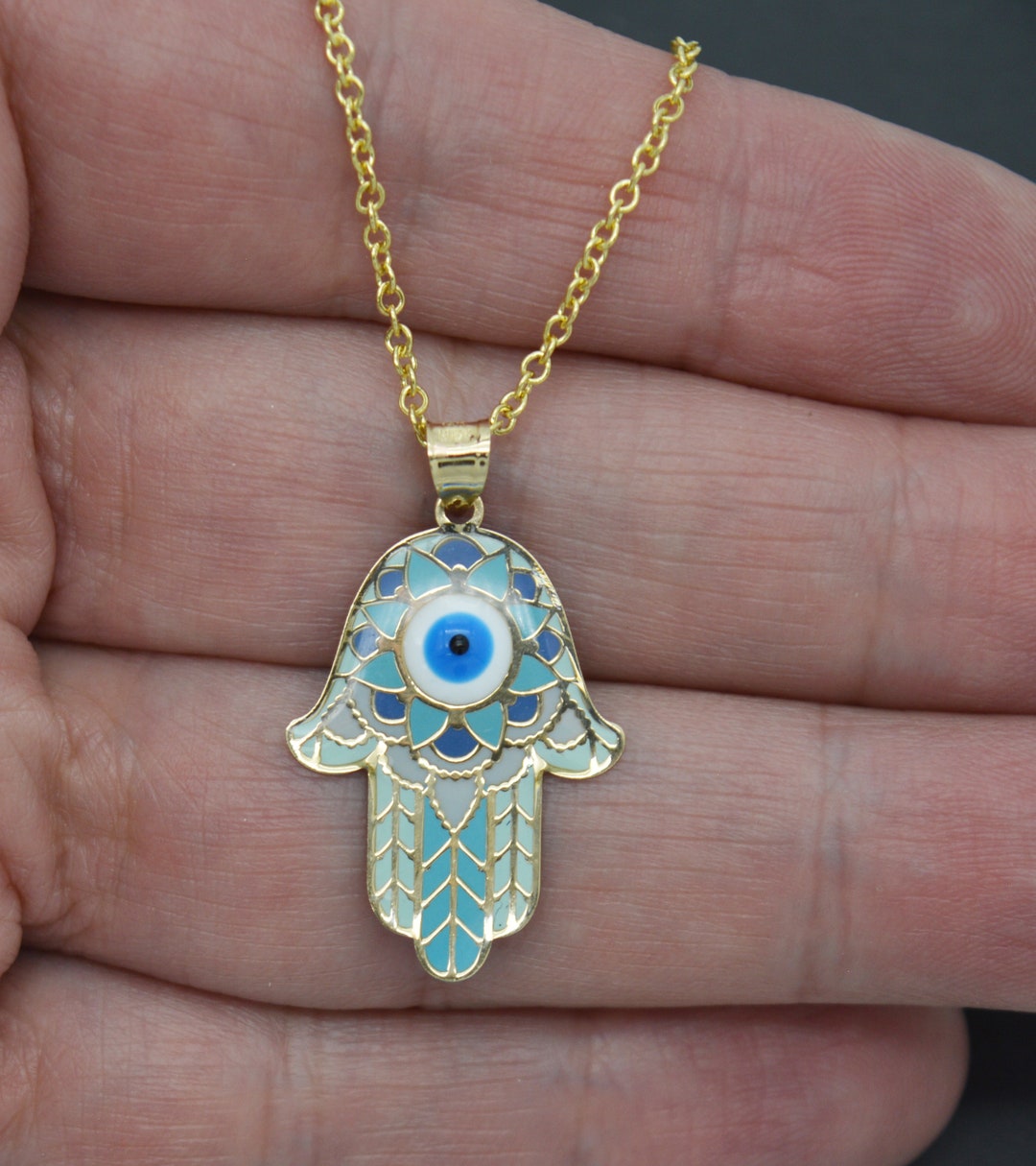 Real 14k Yellow Gold Ocean Blue Enamel Hamsa Evil Eye Pendant + 18 ...
