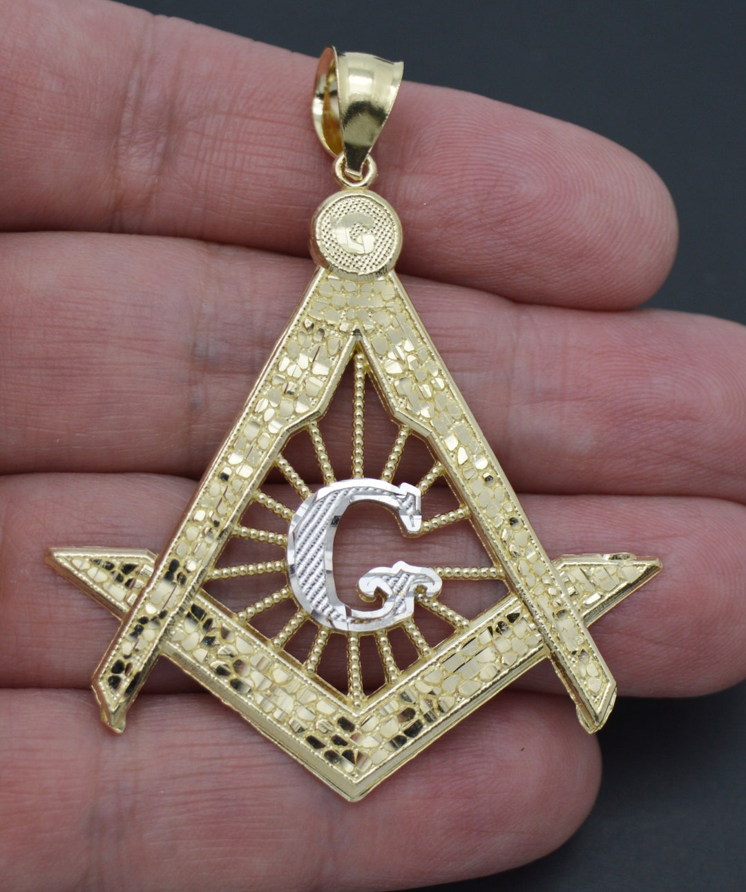 Real 10K Solid Yellow-white Gold Masonic Freemason Bling Charm Pendant ...