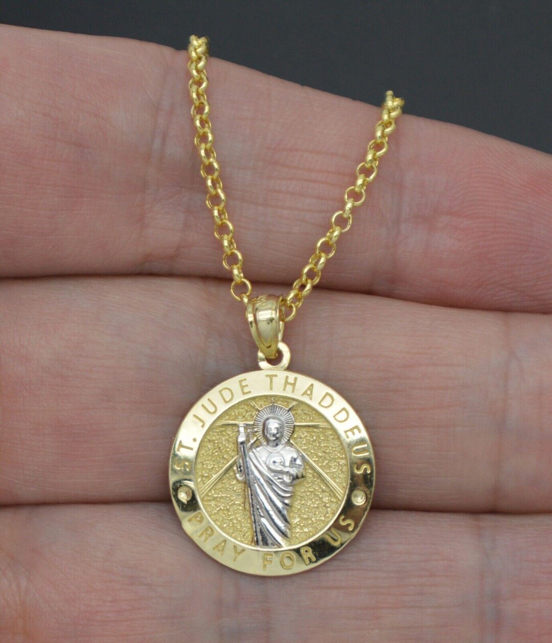 10k Two Tone Solid Gold ST. Jude Thaddeus Pray Pendant Necklace 17.1mm ...