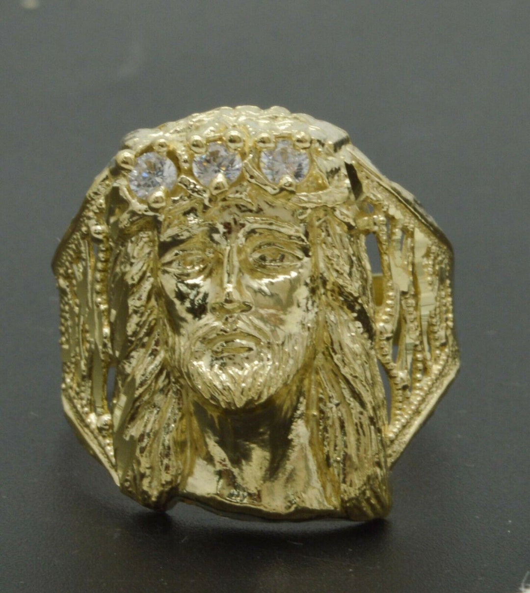 Real Solid 10K Yellow Gold 3D Men's Jesus Head Nugget CZ Ring 22mm ALL ...