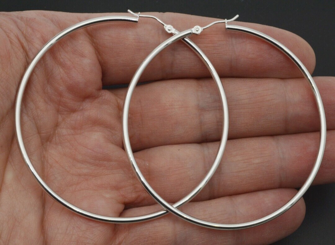 14k Solid White Gold "big Large" Plain Round Hoop Earrings 60mm X2mm 3 ...