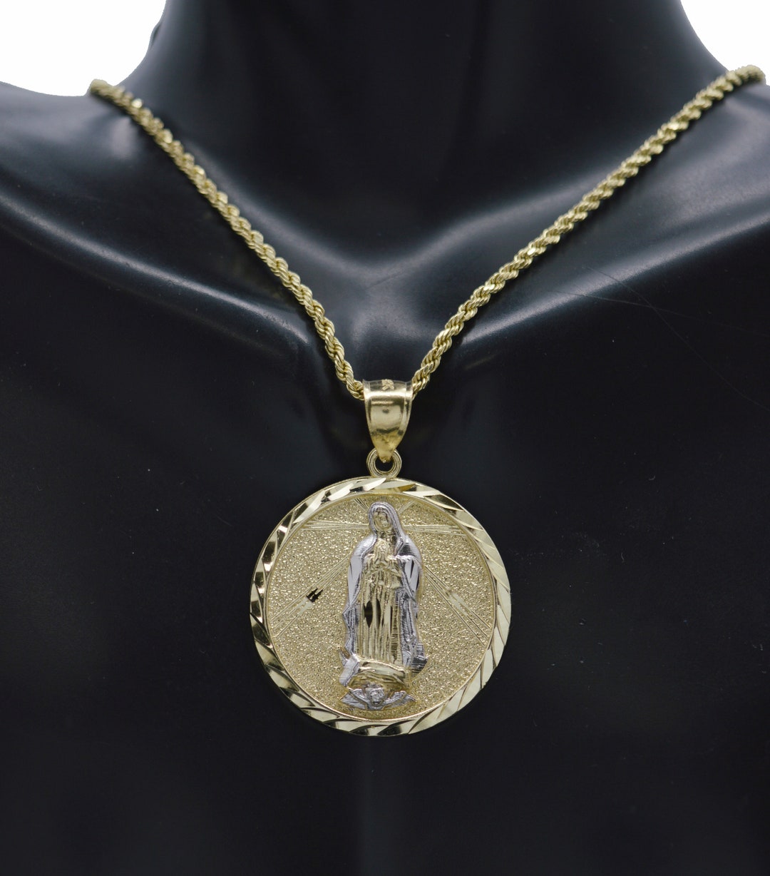 Real 10k Yellow Solid Gold Virgin Mary Medallion Pendant + Rope Chain ...