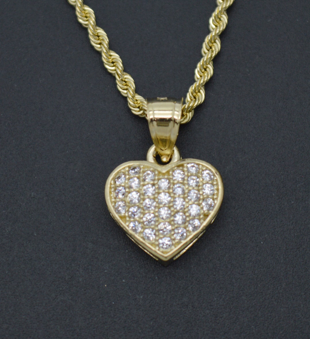 Real 10K Yellow Solid Gold CZ Heart Charm Shiny Pendant + Rope Chain 16 ...