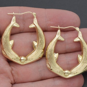 Real 10K Solid Yellow Gold Shiny Kissing Dolphin Love Hoop Earrings 4.3 ...
