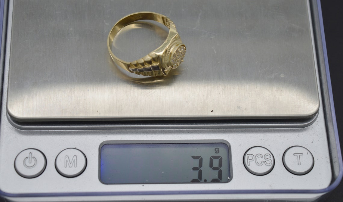 Real 10K Yellow Solid Gold Two-tone Railroad Round CZ Signet Ring All ...