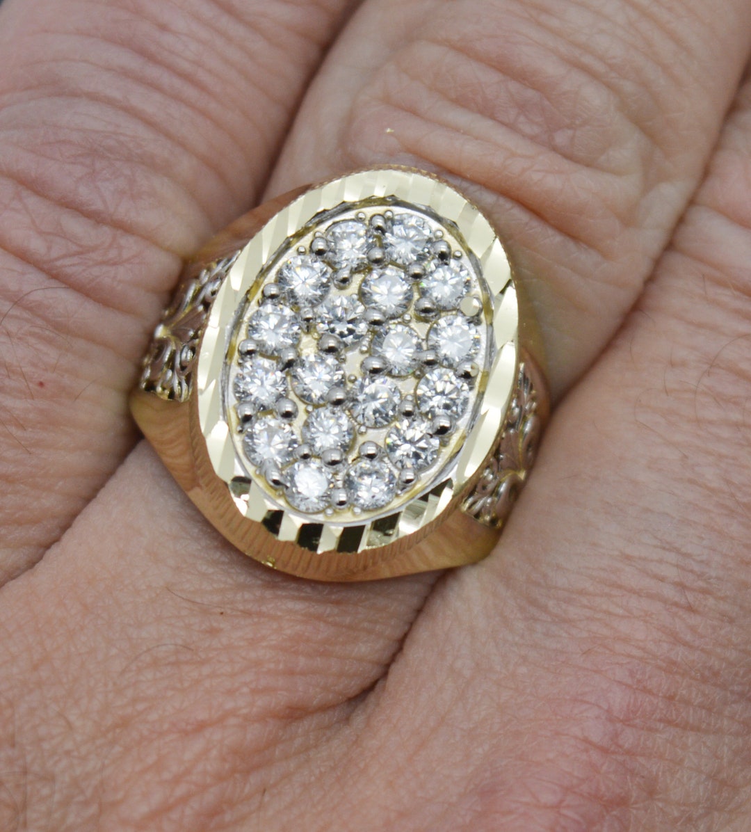 Real 10K Solid Yellow Gold Large Oval CZ Diamond Cut Men's Ring All ...