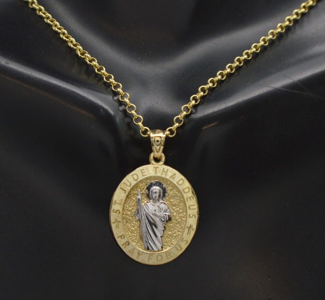10k Two Tone Solid Gold Shiny Saint Jude Medallion Pendant Necklace ...
