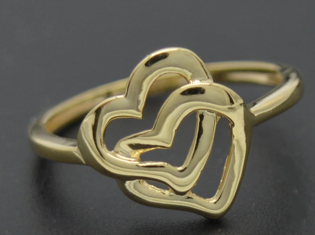 Real Solid 10K Yellow Gold Interlocking Double Heart Shiny Ring 1.7gr ...