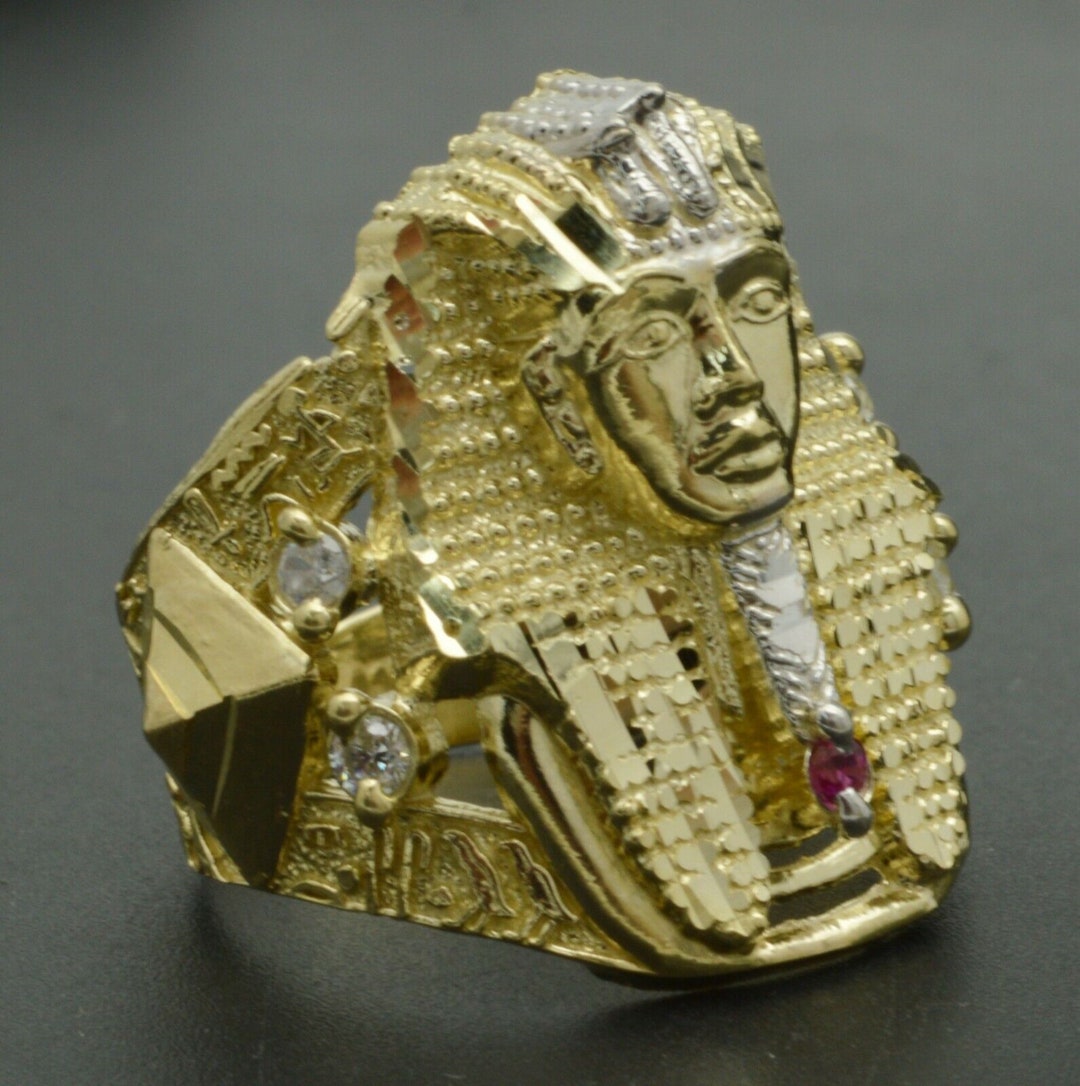 Real Solid 10K Yellow Gold Men's Egyptian King CZ Ring 6 Grams 25mm ALL ...