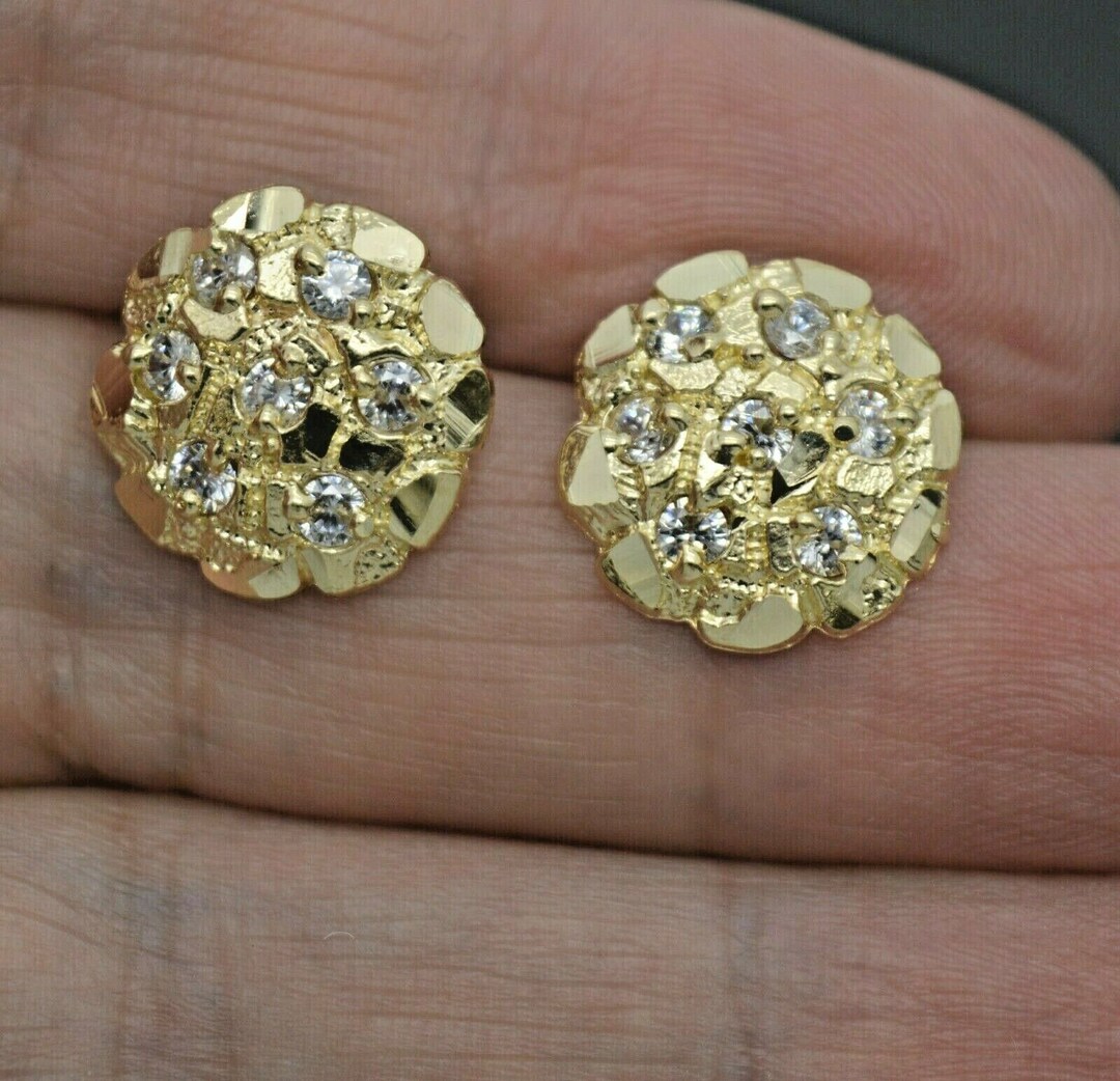 Real 10K Yellow Gold CZ Round Nugget Stud Diamond Cut Earrings 15mm ...
