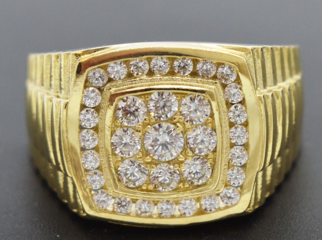 Real 10k Yellow Solid Gold Mens Statement Cz Railroad Ring All Sizes 5. ...