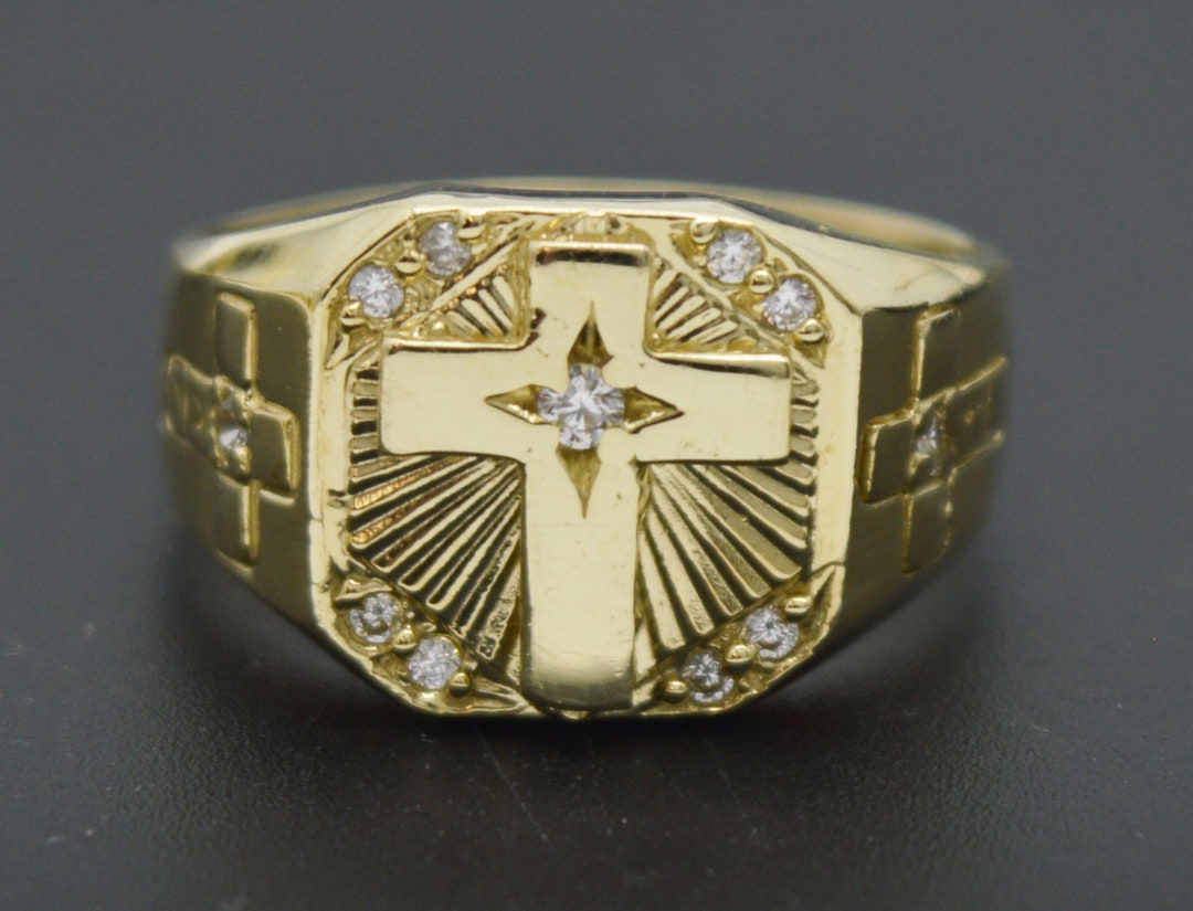 Real Solid 10K Yellow Gold Men's Cross Pink Ring With CZ 5.2 Gr Ring ...