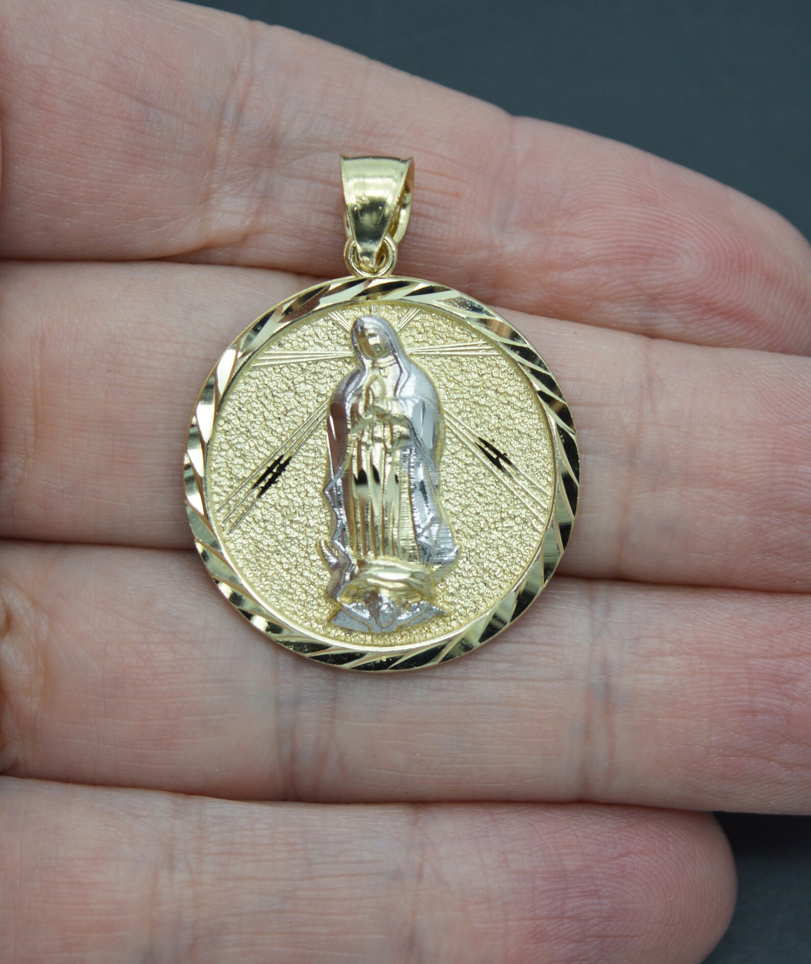 Real 10k Yellow Solid Gold Virgin Mary Medallion Pendant + Rope Chain ...