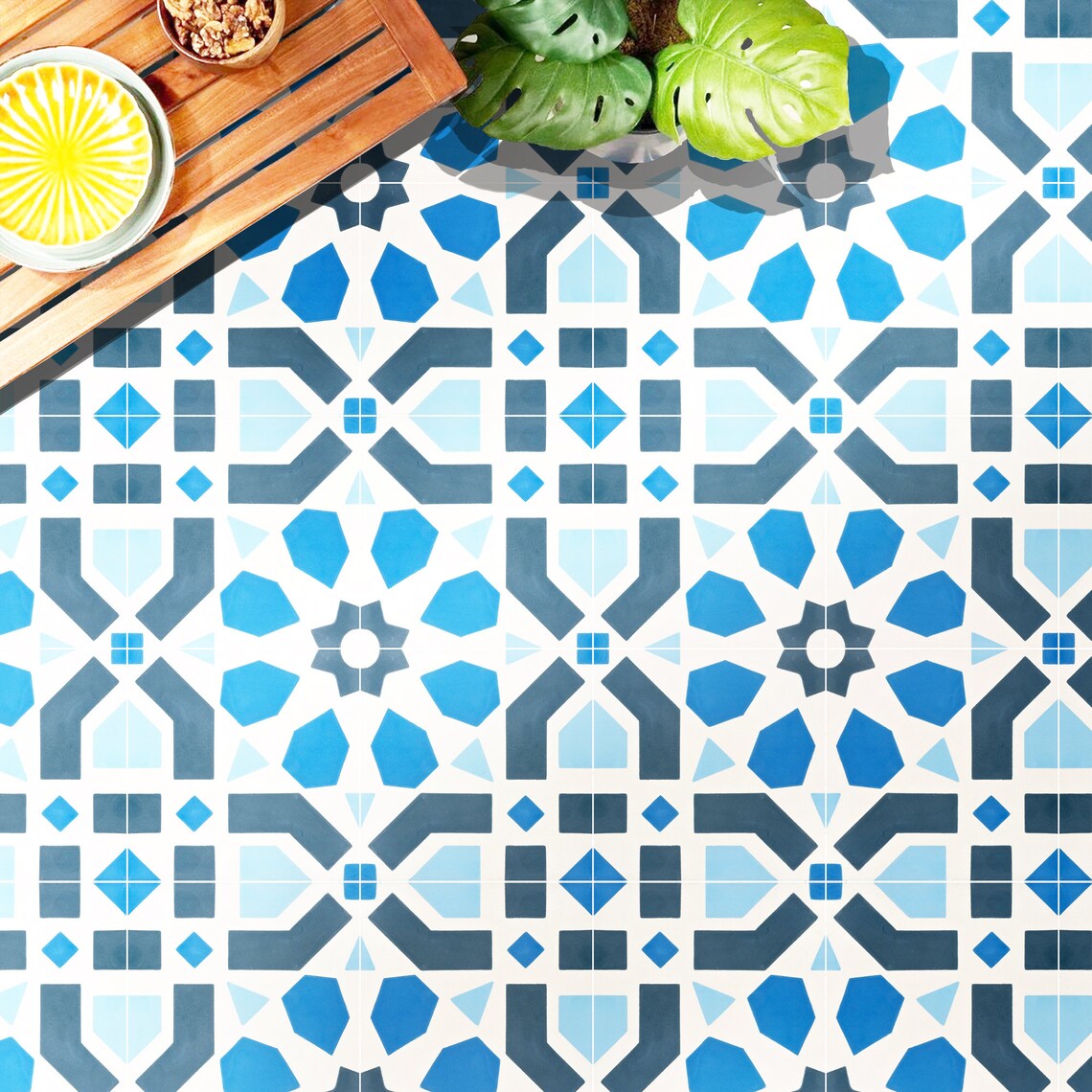 Moroccan Handmade Cement Tiles 8 Inch X 8 Inch Blue Andwhite, Melah ...