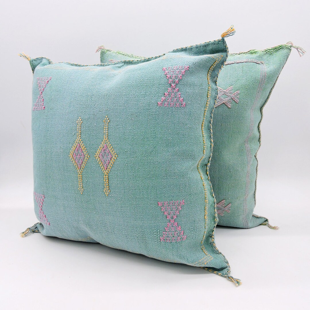 Moroccan Handmade Cactus Silk Pillow Cover in Mint Green 20"x18", Sabra ...