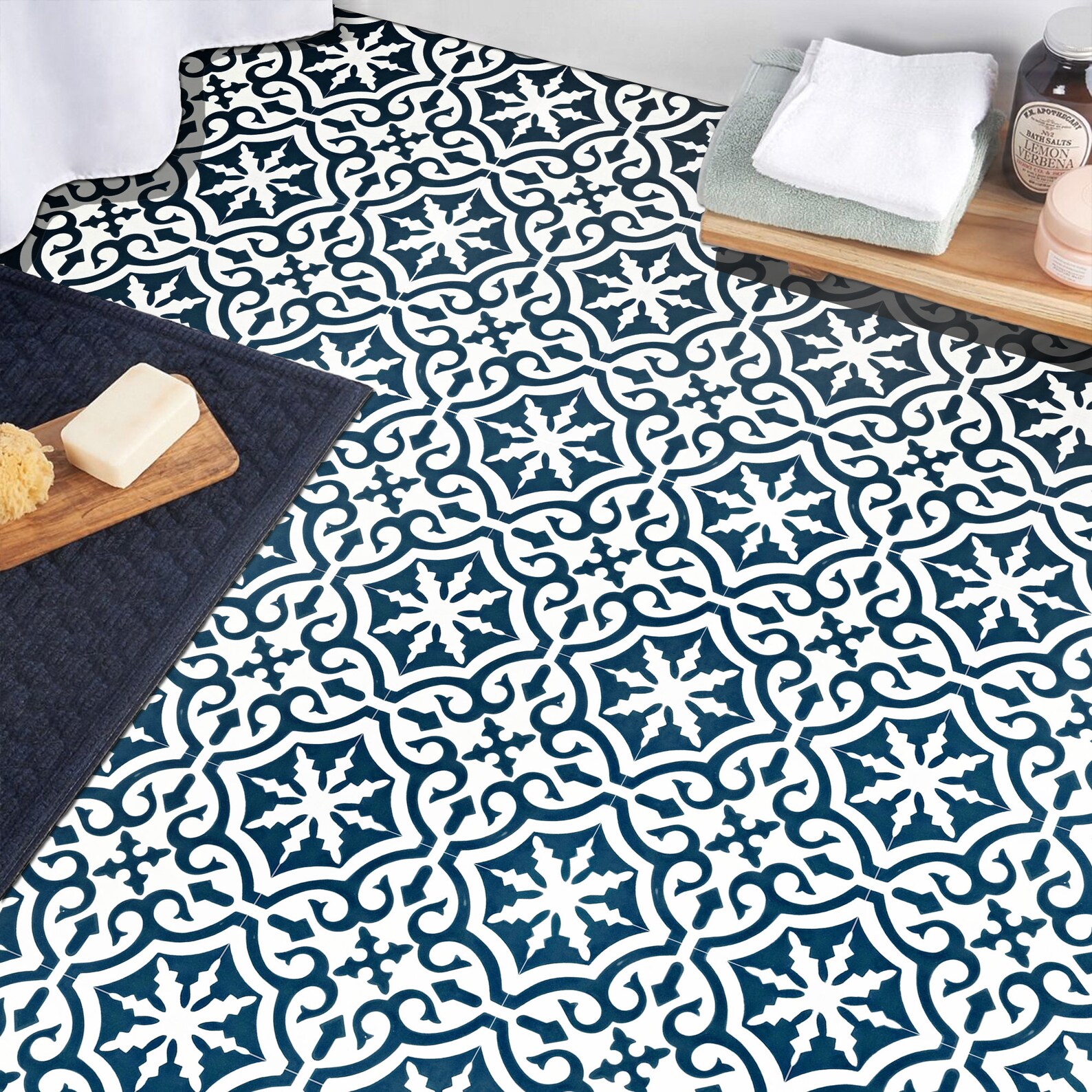 Moroccan Handmade Cement Tiles 8 Inch X 8 Inch Navy and White, Mamounia ...