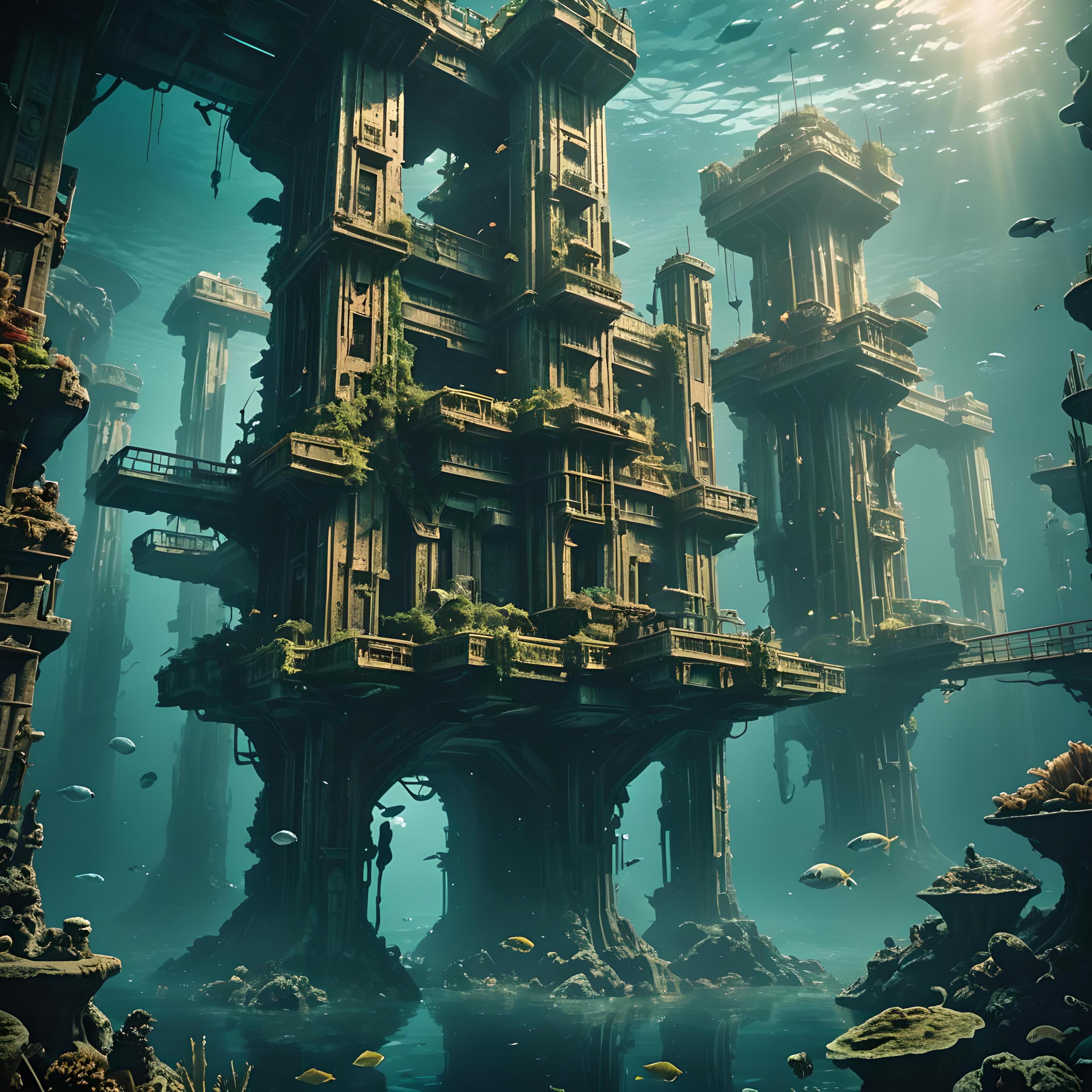 Dystopian Underwater Civilization Digital Art Atlantis-inspired Ruins ...
