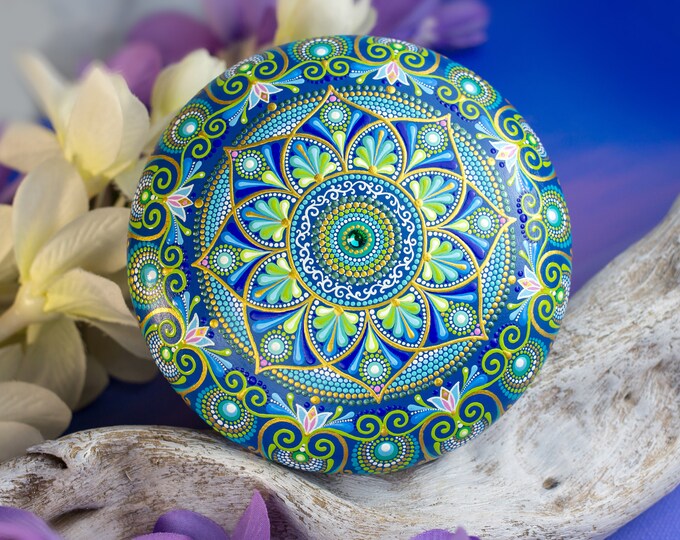 Painted Rock Mandala Stone Hand Painted Original Dot Art Blue Colors ...