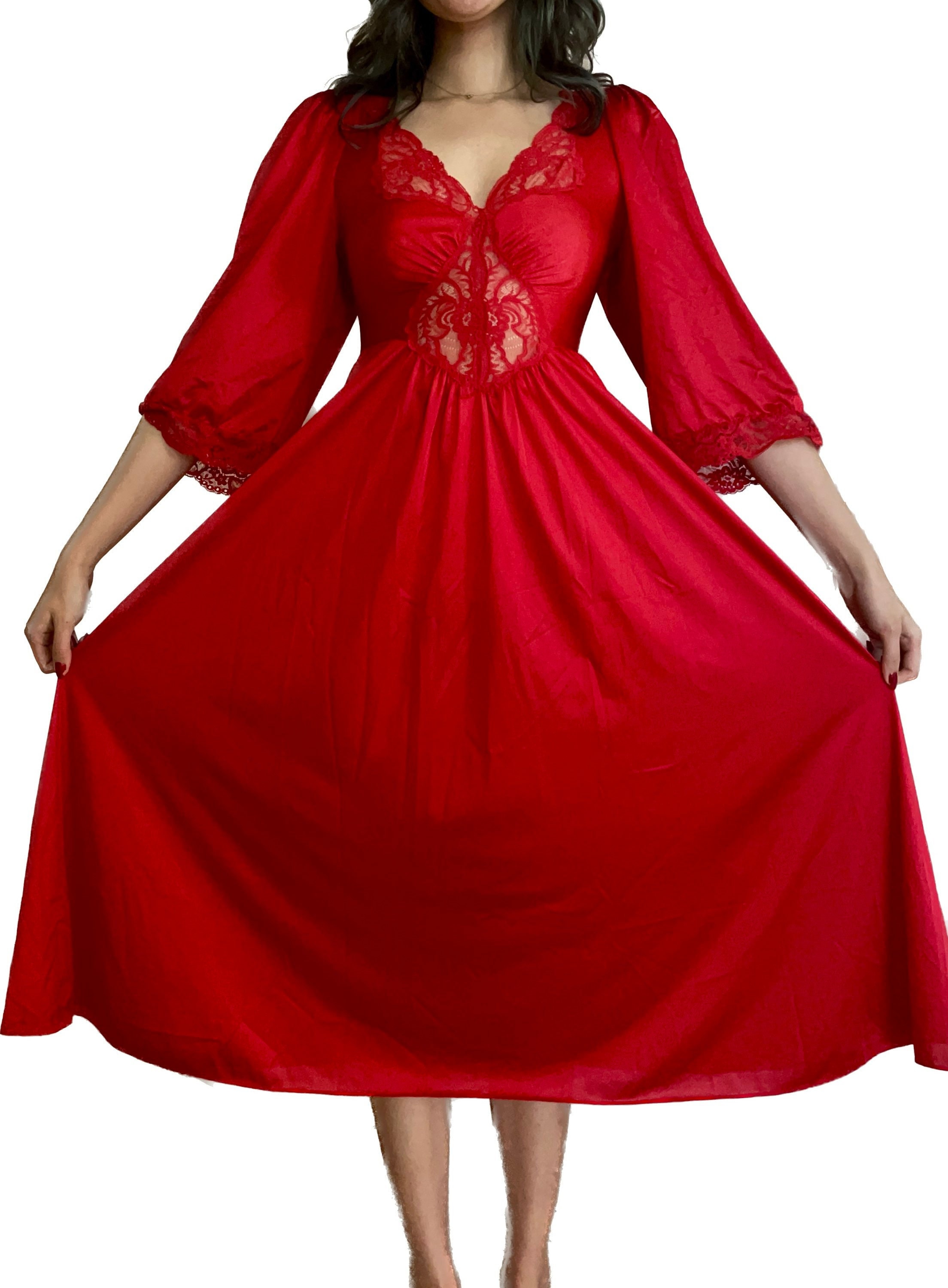 Vintage Rare XL Olga Cherry Red Grand Sweep Maxi Long Sleeved Nightgown ...
