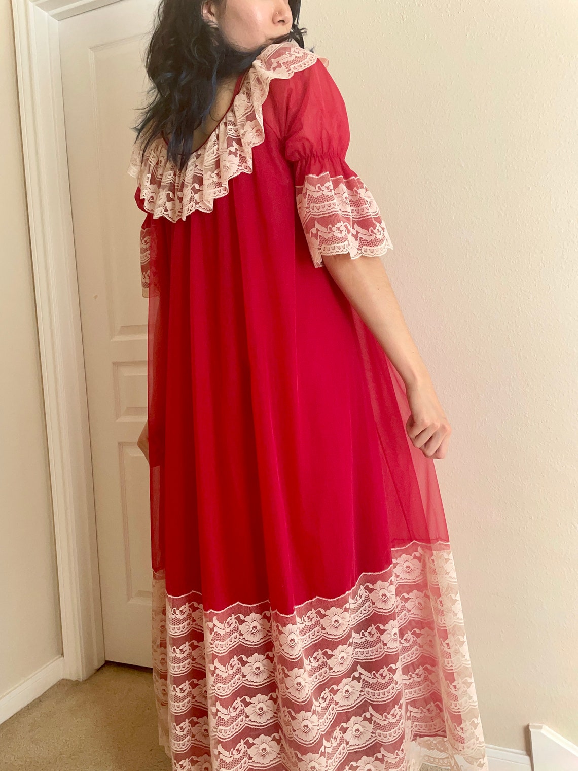 Rare Vintage Intime California Red Nylon Peignoir Nightgown and Robe ...