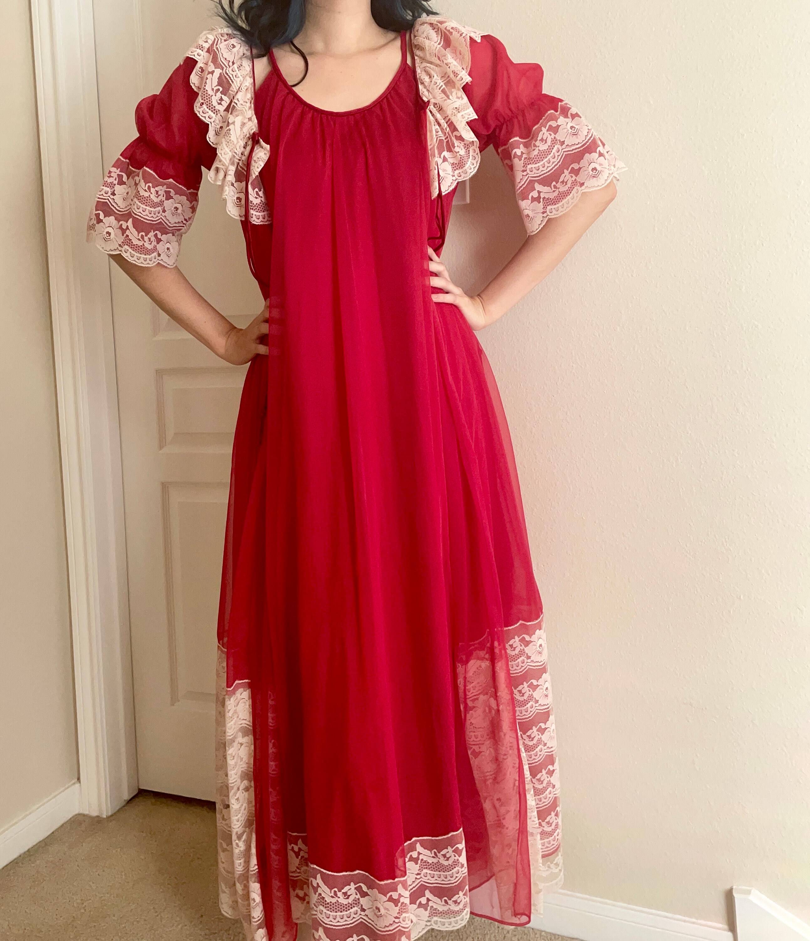 Rare Vintage Intime California Red Nylon Peignoir Nightgown and Robe ...