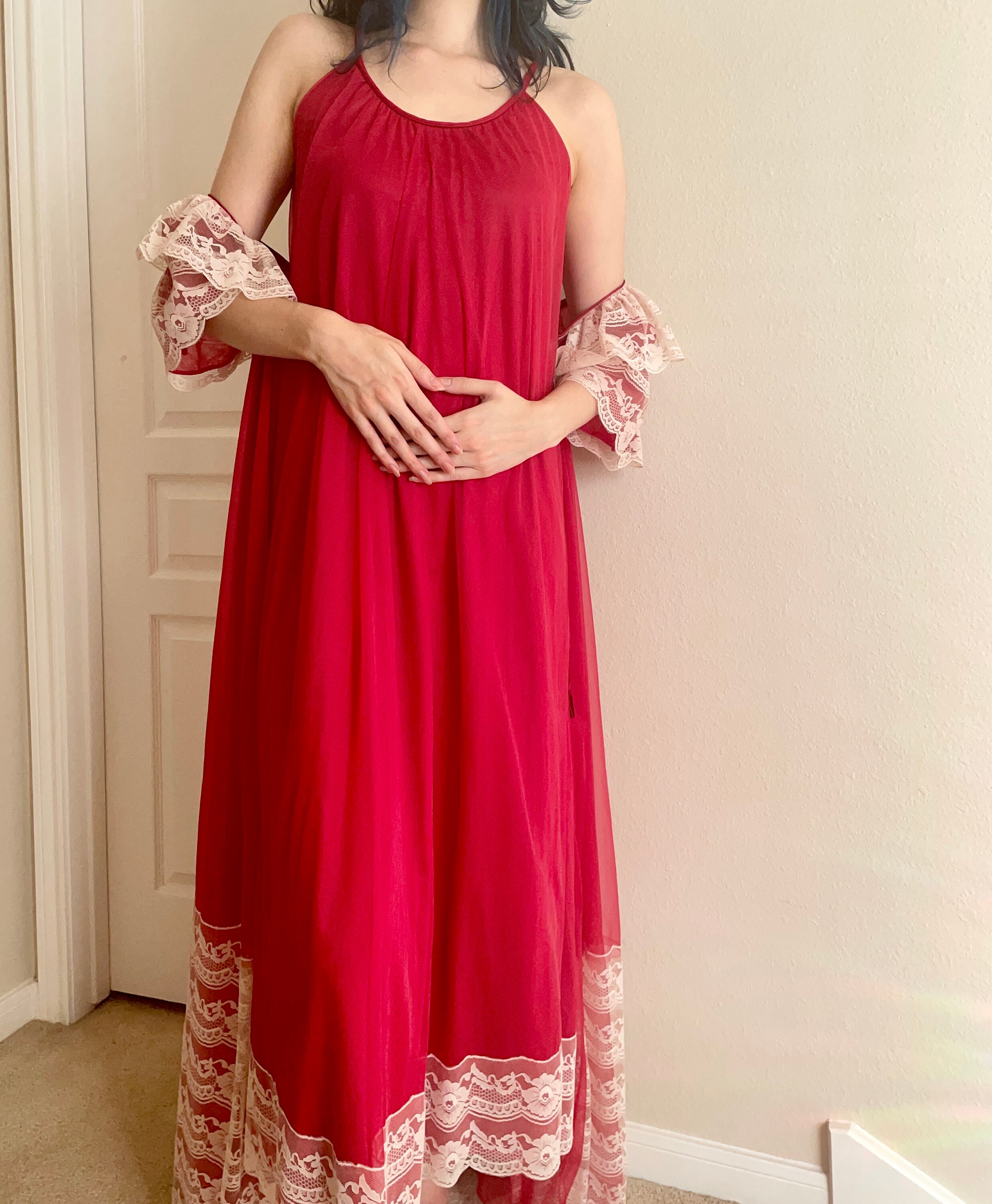 Rare Vintage Intime California Red Nylon Peignoir Nightgown and Robe ...