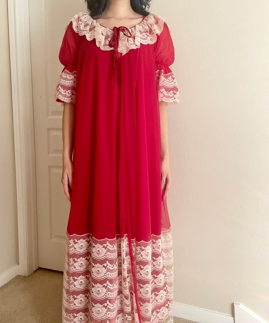 Rare Vintage Intime California Red Nylon Peignoir Nightgown and Robe ...
