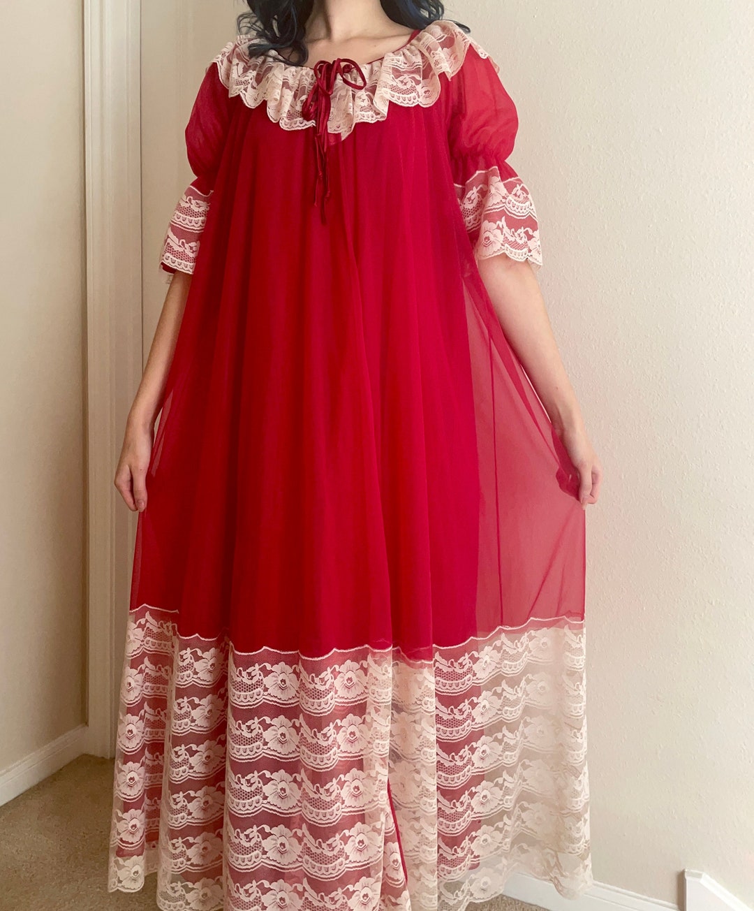 Rare Vintage Intime California Red Nylon Peignoir Nightgown and Robe ...