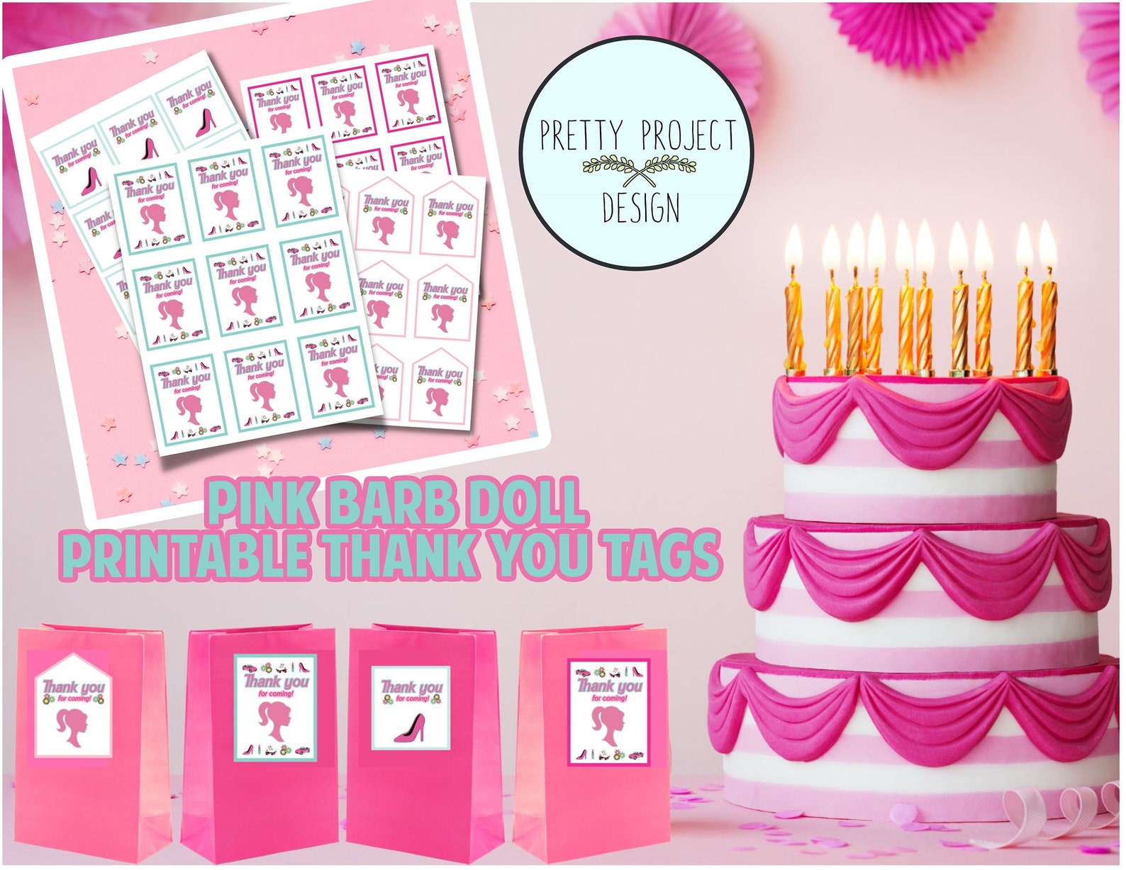 THANK YOU Tags BARB Doll Pink Party - Etsy