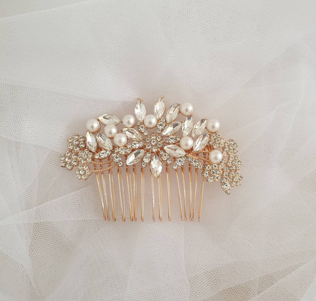 Samara Rose Gold Rhinestone Crystal Pearl Wedding Hair Comb Barette ...