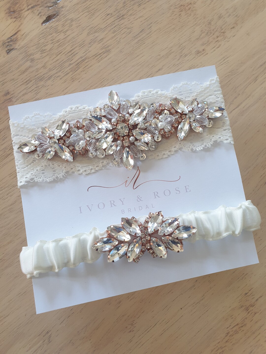 Deluxe Rose Gold Rhinestone & Pearl Wedding Garter Set, CZ Bridal ...