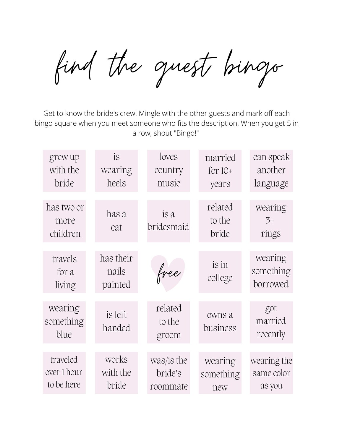 Find the Guest Bingo Cursive Blush Theme - Etsy