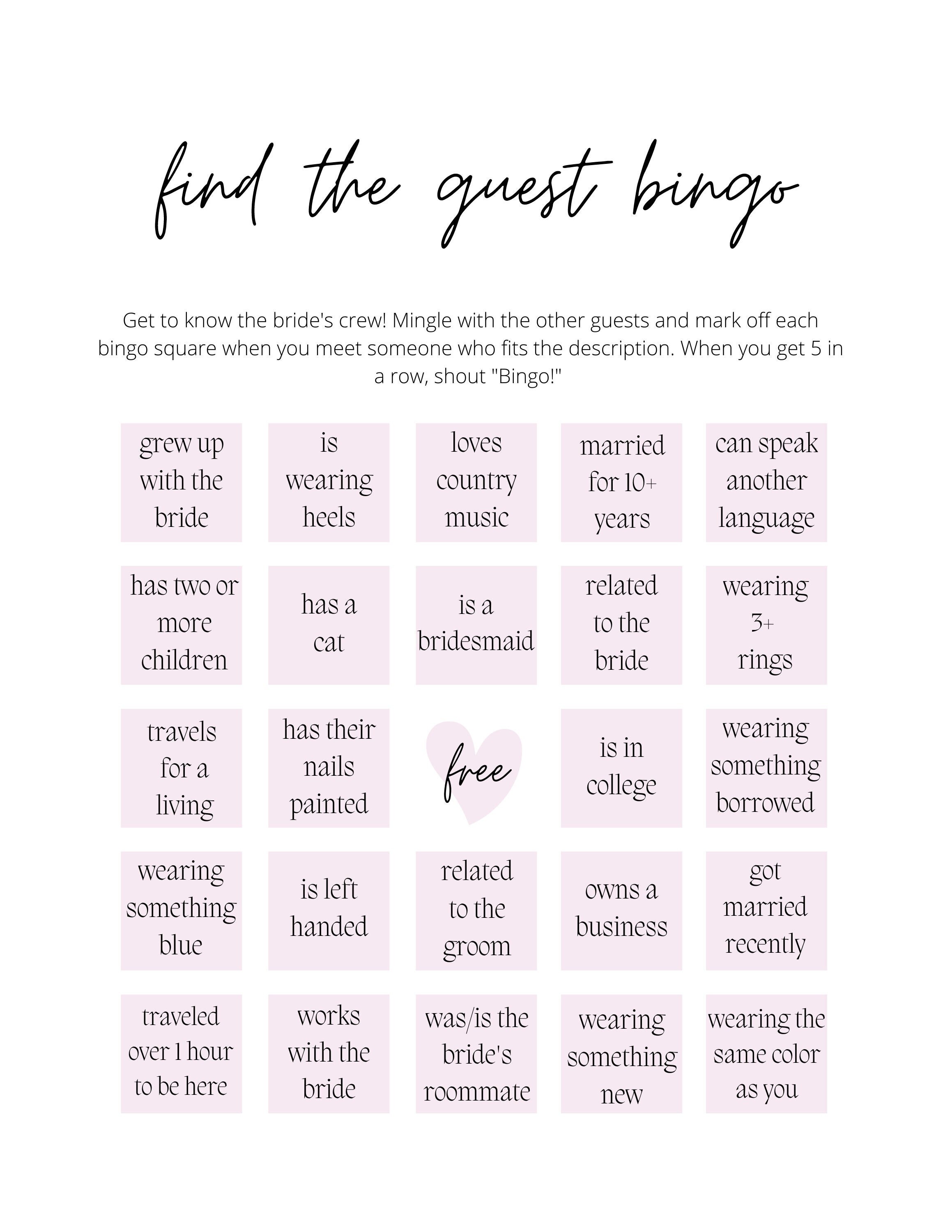 Find the Guest Bingo Cursive Blush Theme - Etsy