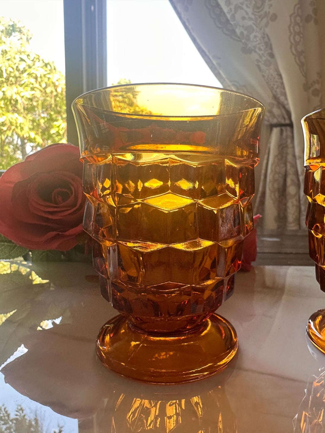 Vintage Amber Glass, Indiana Glass Whitehall Cubist Pattern; Juice or ...